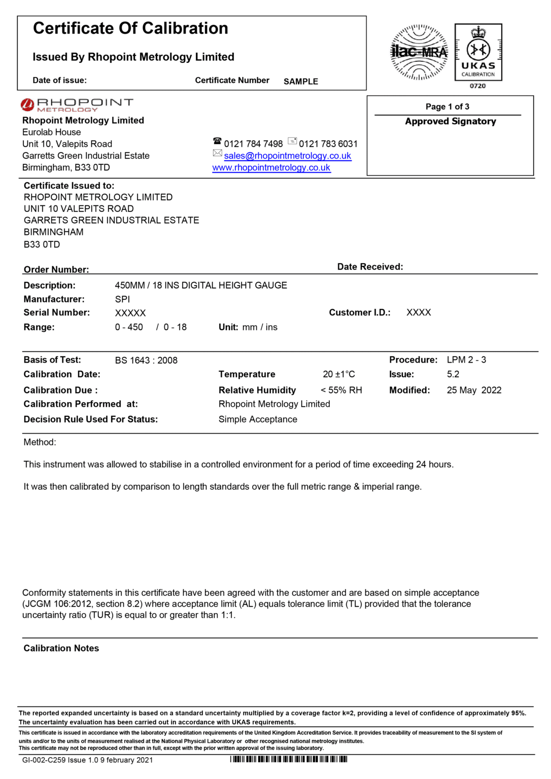 Height gauge calibration by Rhopoint Metrology, UKAS (0720)